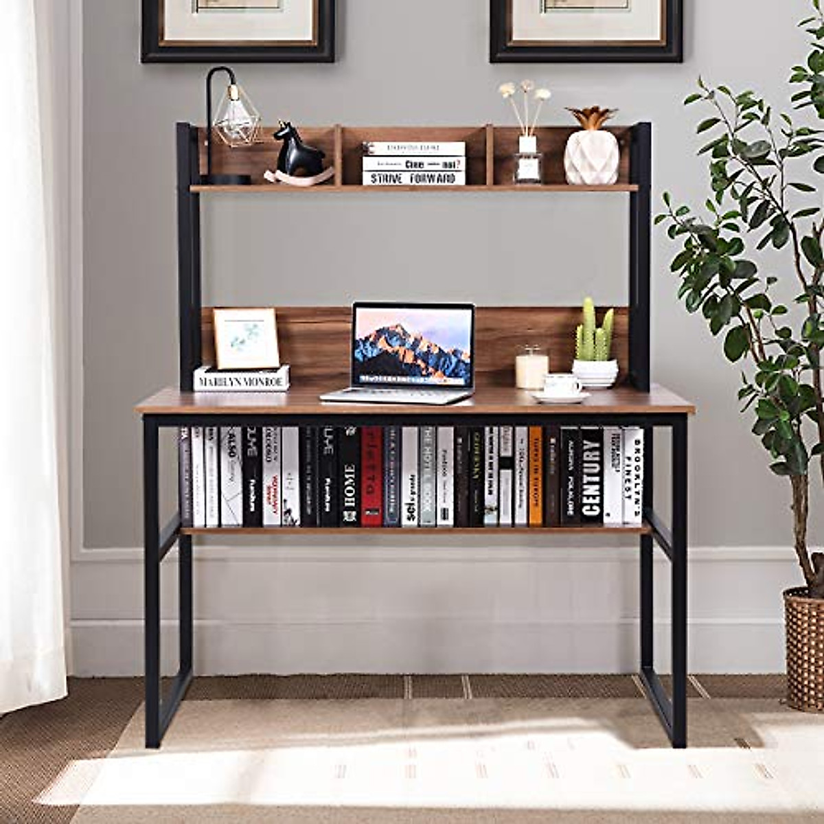 Tangkula Computer Desk with Hutch, Home Office Desk Study Writing Desk with Storage Bookshelves, Space Saving Computer Workstation for Home Office (Light Walnut)