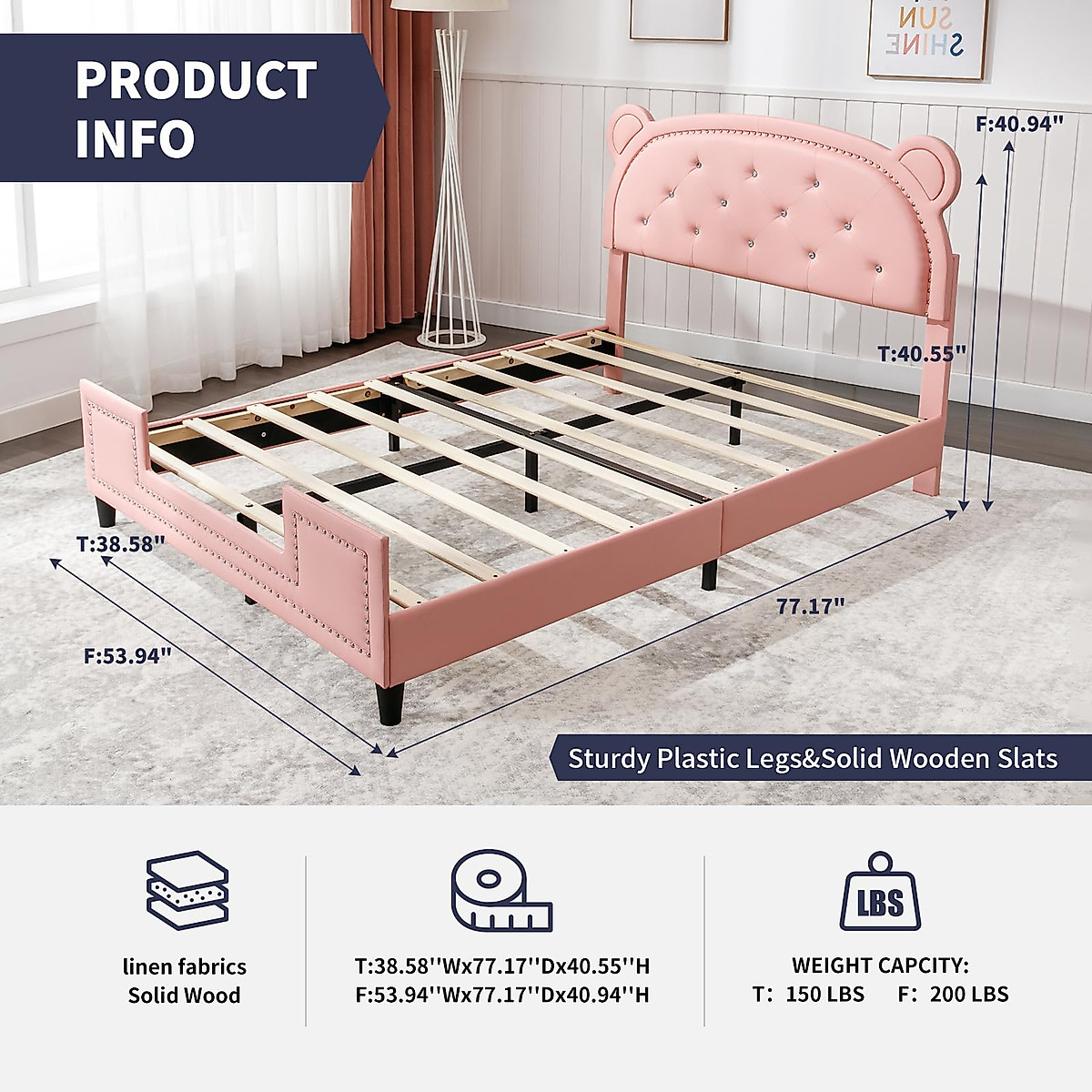 PUREMIND Twin Bed Frame for Kid, Girl Pink Children Platform Bed, Kid Bed Frame with Bear Shaped Headboard, Faux Leather Upholstered, Rivet Decoration, Wood Slats, No Box Spring Needed-Bear Twin