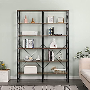 MELLCOM Double Wide 6-Tier Bookshelf, Industrial Open Large Bookcase, Wood and Metal Tall Bookshelves for Living Room Bedroom Office, Rustic Brown