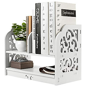 MyGift 2-Tier White Openwork Design Desktop Book and Stationary Organizer Rack, Countertop Bookcase Shelf
