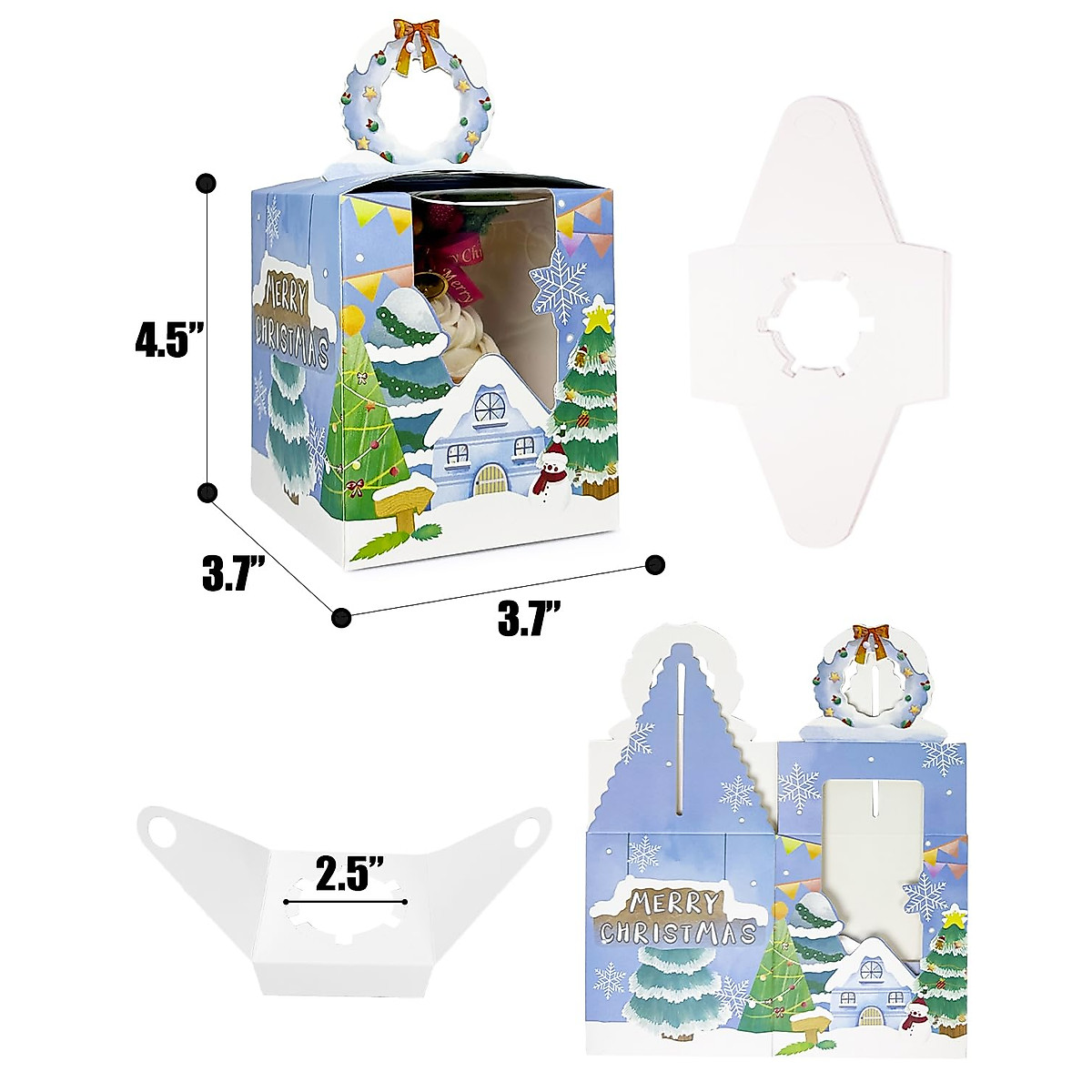 Christmas Individual Cupcake Boxes with Window 32 Count Snow Day Single Cupcakes Box 3.6 * 3.6 * 4.3inch Cupcake Carrier