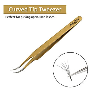 Tweezers for Eyelash Extension Hand Crafted Surgical Stainless Steel Metallic Gold Powder Coated (Curved Tip)