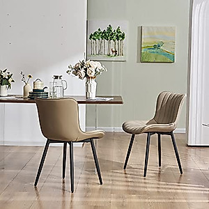 YOUNUOKE Dining Chairs Set of 2 Upholstered Mid Century Modern Lounge Chair Armless Faux Leather Makeup Chairs with Padded Backs Metal Legs Adjustable Feet for Kitchen Living Room Bedroom Khaki