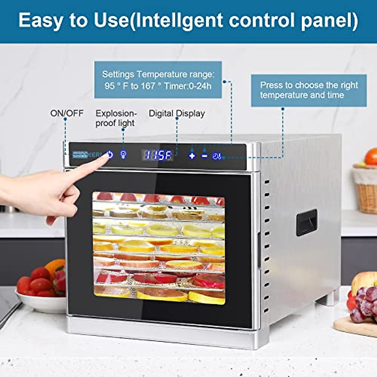 COMKERI 8 Trays Food Dehydrators for Food and Jerky(67 Recipes), Fruit, Veggies, Meat, Dog Treats, Herbs, Durable Food-grade Stainless Steel Dryer Machine with 24H Adjustable Digital Timer, 95ºF-167ºF Temp Control, 110V/700W, Safety Over Heat Protection