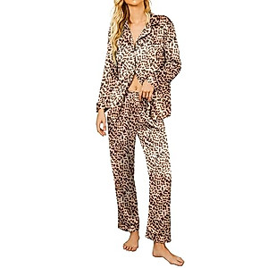Ekouaer Silk Satin Pajamas Women's Long Sleeve Sleepwear Soft Button Down Pj Set 2 Piece Loungewear Brown Leopard,XL