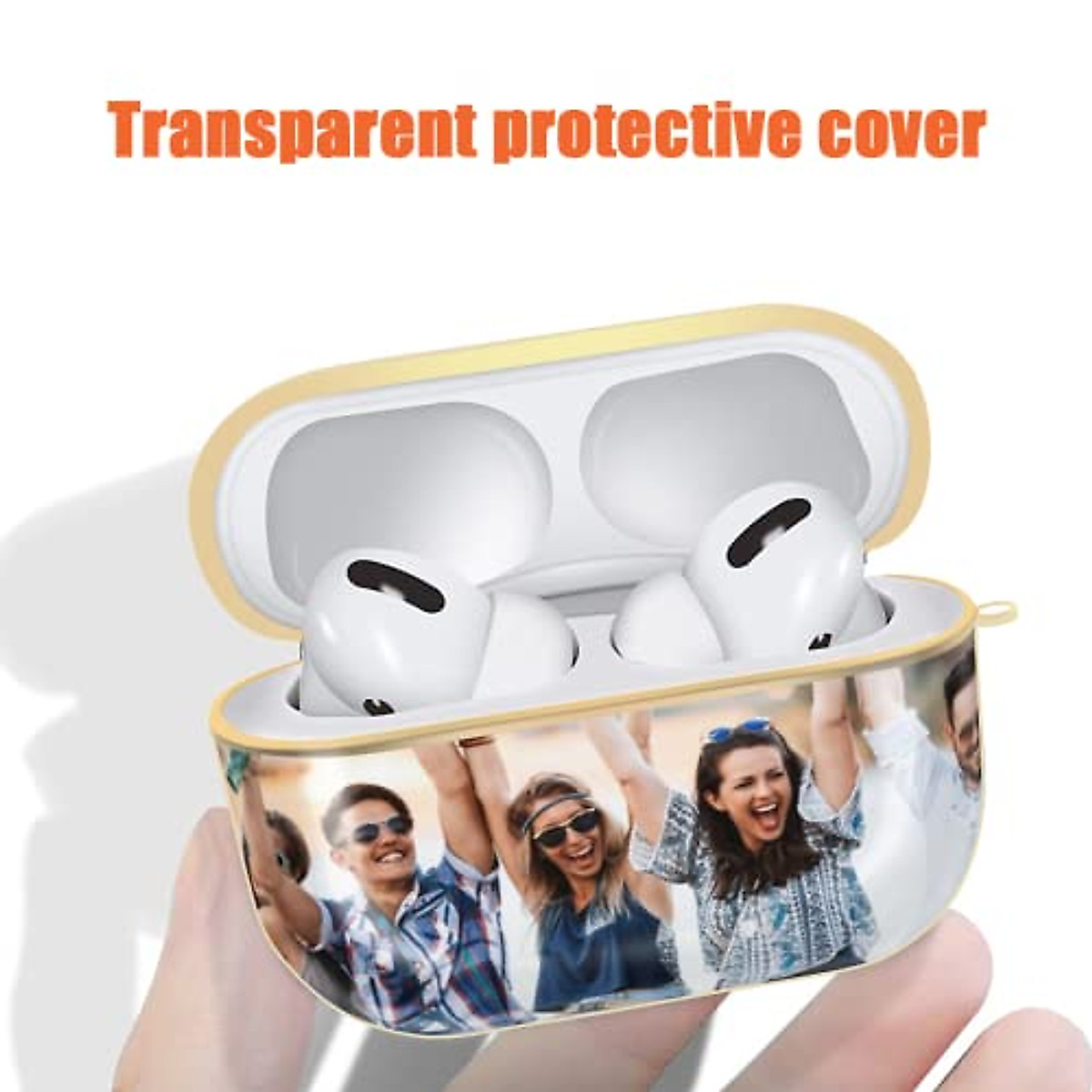 Custom Air-Pods Case Personalized Photo Logo Name Hard Case Cover for Airpods Pro with Portable Keychain Airpod Protective Accessories Gift for Men Women Gold Border