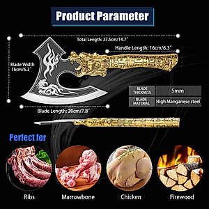 univinlions Heavy Duty Kitchen Axe Forged Bone Cleaver Cool with Dragon Handle Hatchet for Home, Outdoor Camping, Hiking Birthday Thanksgiving Idea Men