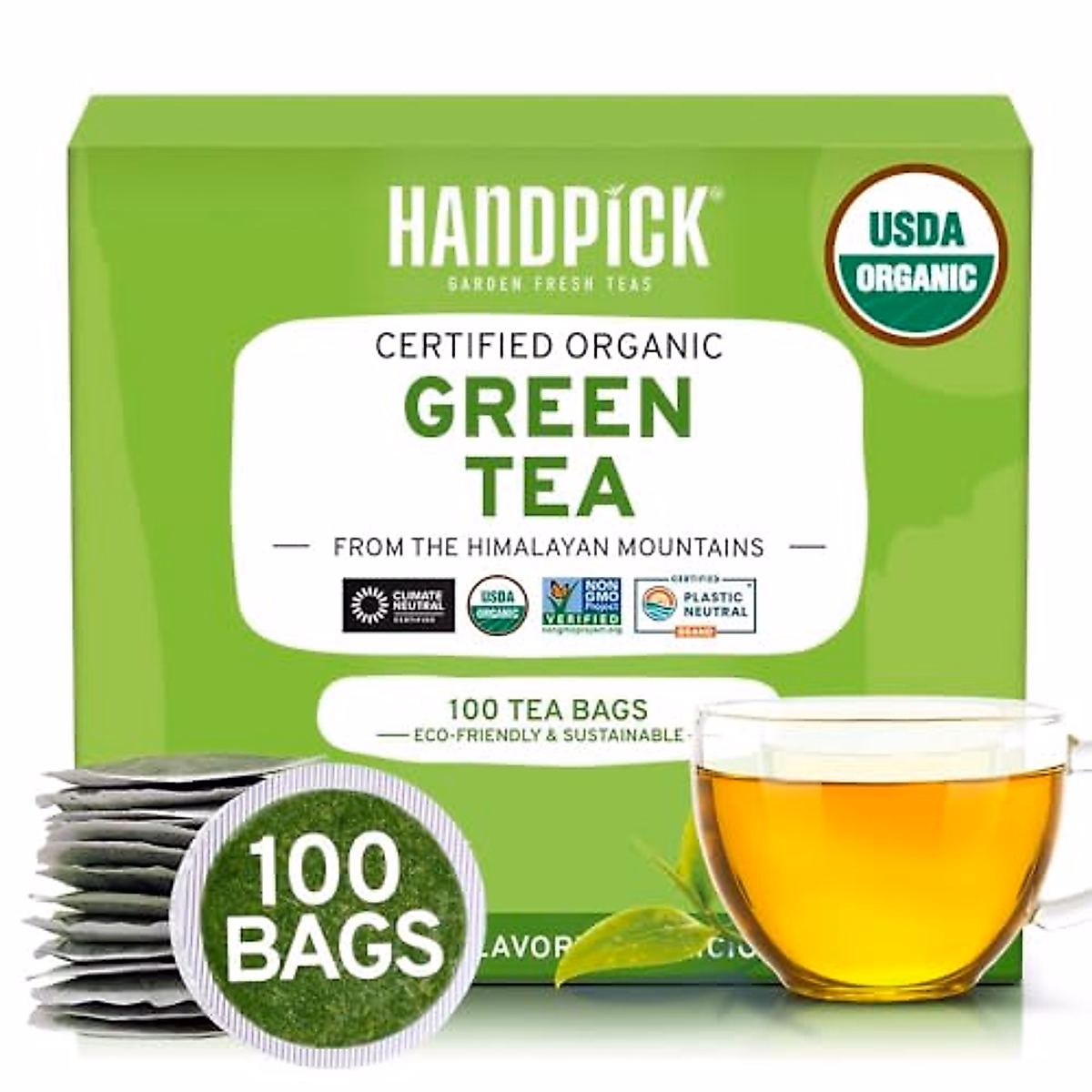 HANDPICK, Organic Green Tea Bags - 100 Tea Bags | Resealable Bag, Round & Eco-friendly Tea Bags | Direct From India