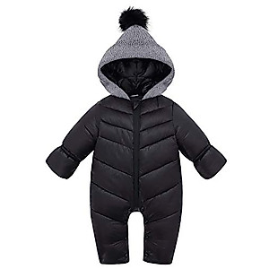 Happy Cherry Toddler Baby Warm Romper One-Piece Winter Coat Zipper Long Sleeve Cute Snowsuit Hoodie Jumpsuit Puffer Jacket for Girls Boys 12-18 Months Black