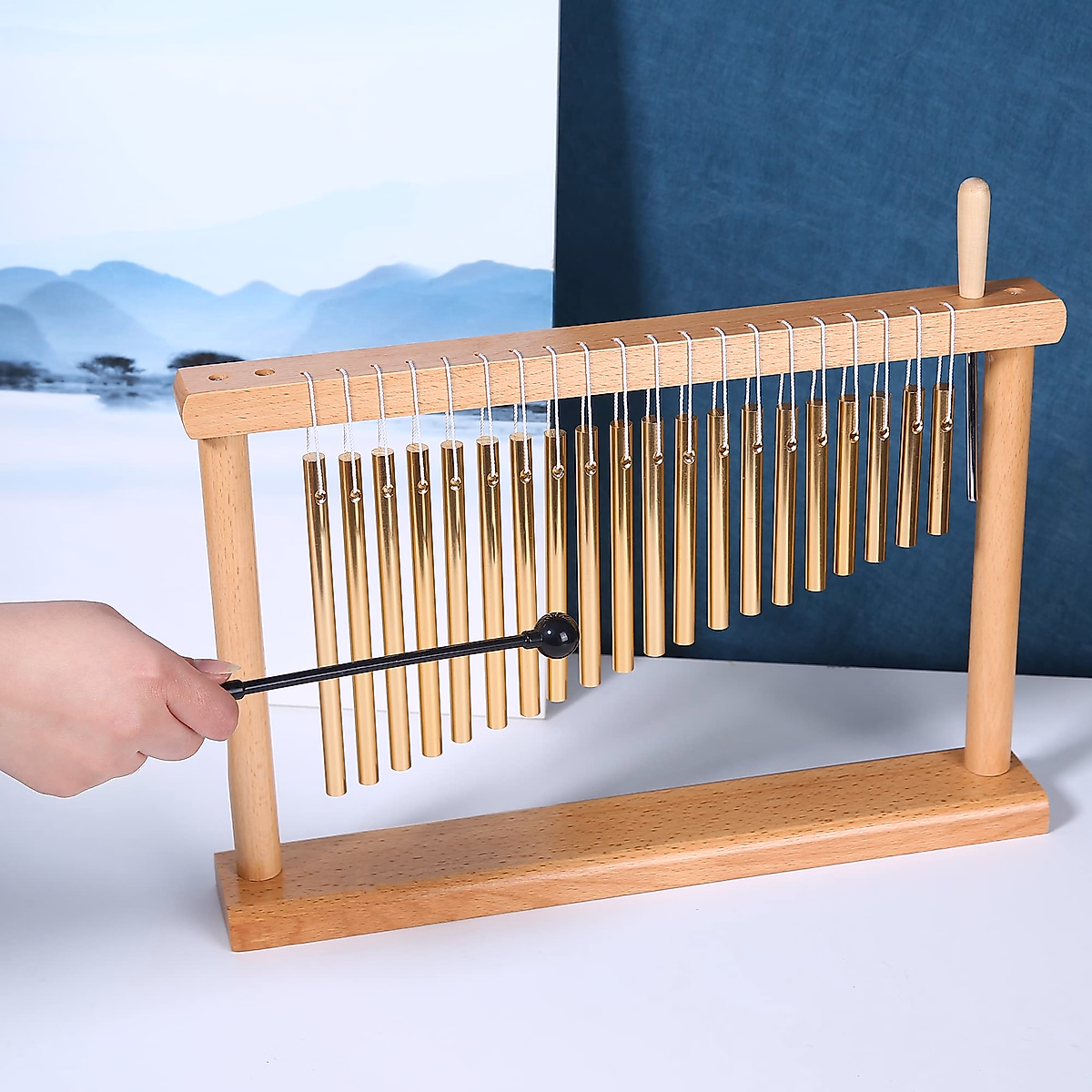 20-Note Chime Bar Table Top Wind Chime Music Percussion Instrument with Mallet, Golden