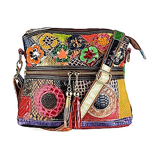 Segater® Women’s Multicolor Floral Crossbody Bag, Vintage Cowhide Leather Handbag Snake Pattern Design Shoulder Bag Ladies Travel Handbag Colorful Purse