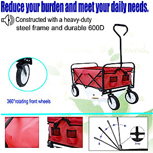 Collapsible Folding Wagon, Heavy Duty Utility Beach Wagon Cart with Side Pocket, Large Capacity Foldable Grocery Wagon for Garden Sports Outdoor Use (Red)