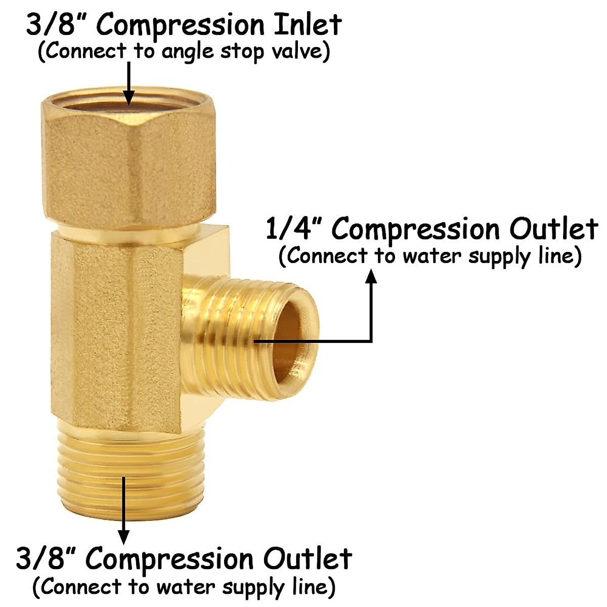 Uenede 2PCS Lead-Free Brass Angle Stop Add-A-Tee Valve, 3/8" Compression Inlet x 1/4" Compression Outlet x 3/8" Compression Outlet, Water Line Splitter 3 Way Valve Fittings