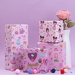 Princess Dressed in Pretty outfits On Pink Gift Wrapping Paper Flat Sheets (4-Sheets, 4-Designs: 15 sq. ft. ttl)-For Girls Baby Shower, Birthday, Christmas Holiday Gift Wrap, Princess Party Supplies and More