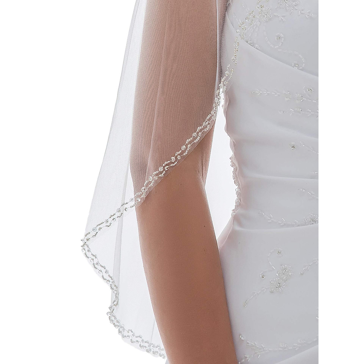 SAMKY 1T 1 Tier Double Row Alternating Crystal Beaded Veil - White Fingertip 36" V492