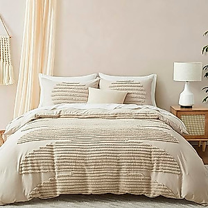 BEDAZZLED Duvet Cover Queen(90''נ90'')Size, 3 Pieces Boho Bedding Sets for Shabby Chic Home, Tufted and Soft Comforter Cover Set, Beige
