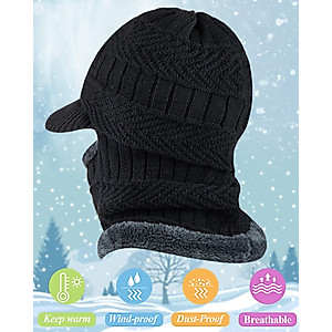 2 Pieces Winter Knitted Balaclava Beanie Hat Warm Cycling Face Covering Winter Neck Warmer Knit Hat Neck Gaiter for Adults Outdoor Sports, Black and Navy Blue