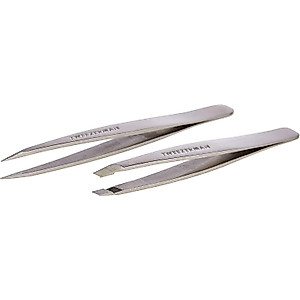 Tweezerman Petite Tweeze Set with Travel Case - Point and Slant Tweezers, Tweezers for Travel (Black Case)