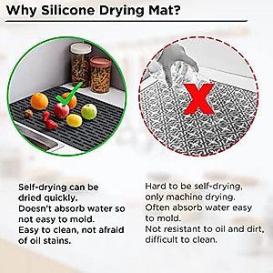 SOSMAR Silicone Drying Mat, XL Size 23” x 18”, Dish Drying Mat, Large Dish Drainer Mat for Kitchen Counter, Heat Resistant Hot Pot Holder, Non-Slip Silicone Sink Mat, BPA Free, Dish Washer Safe, Black