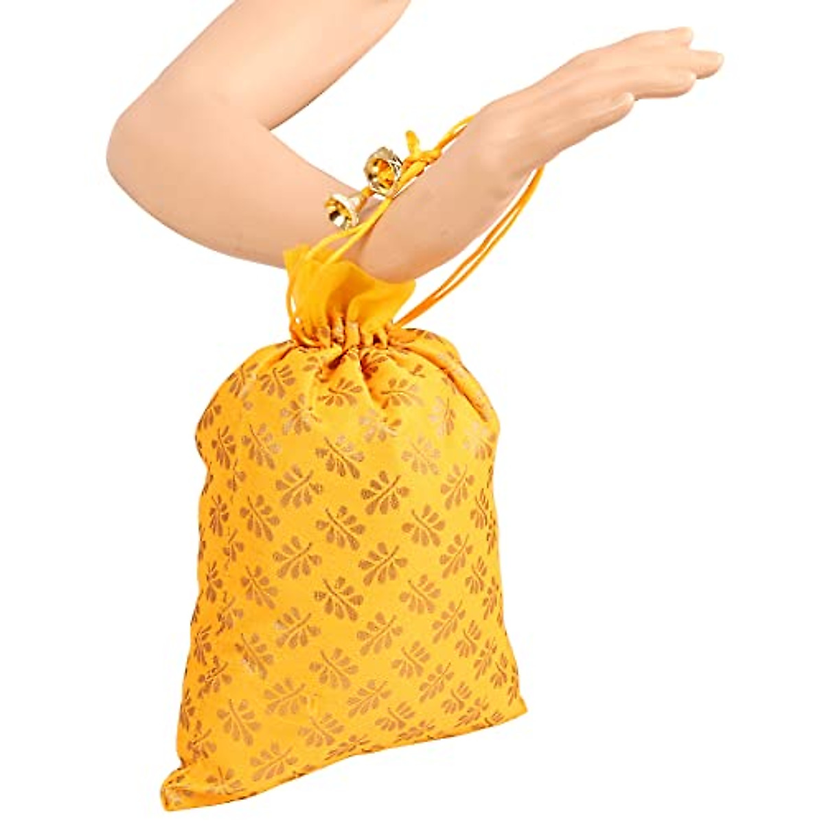 Touchstone Drawstring Bags Traditional Indian Handcrafted in Mimosa leaf Pattern Brocade fabric. Perfect for Gifts Jewelry Weddings Sweet Distribution Set of 9 Vibrant Yellow Pouches Purses Potli.