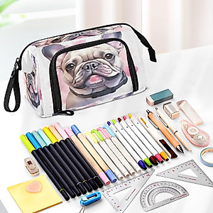 Emelivor French Smile Bulldog Pencil Case Large Capacity Pencil Pouch Bag with Compartmens Pen Bag Case Portable Stationery Bag Pencil Organizer for School Office Men Women Adults