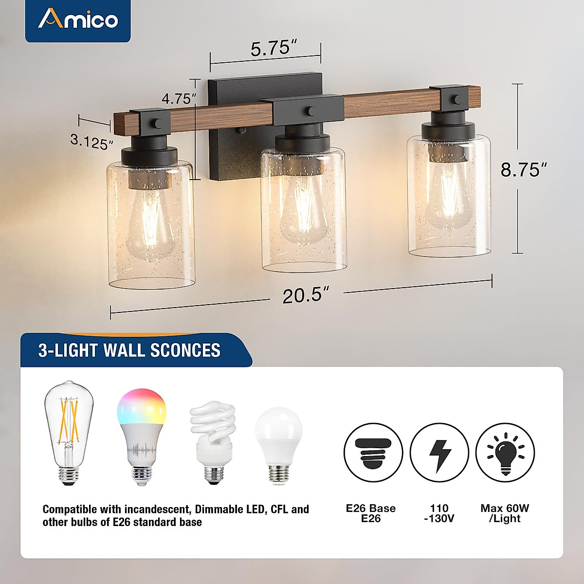 Amico 3-Light Farmhouse Vanity Light Fixture, Rustic Wood Bathroom Light Fixtures, Industrial Vintage Black Wall Sconces Light with Bubble Glass Shade for Mirror, Bedroom, Living Room, Hallway