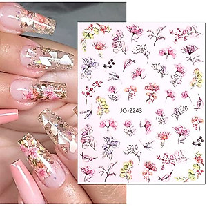 JMEOWIO 12 Sheets Spring Flower Nail Art Stickers Decals Self-Adhesive Pegatinas Uñas Leaves Nail Supplies Nail Art Design Decoration Accessories