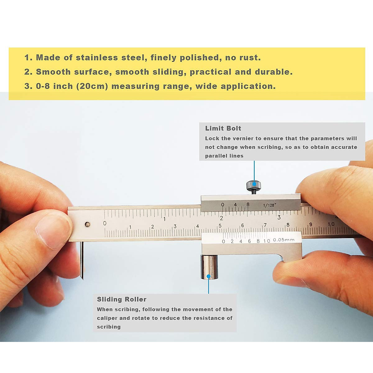 ZLKSKER Parallel Crossed Caliper 0-20cm (0-8 inch) with 2 Carbide Scriber/Needle, Stainless Steel Vernier Calipers, Marking Gauge, Marking Tool