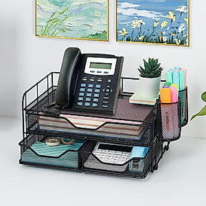 Youbetia Black Minimalist Desk Organizer with 3 Drawer, 2 Pen Holder, 2 Tier Letter Tray, Upper Display Rack, for Office Supplies