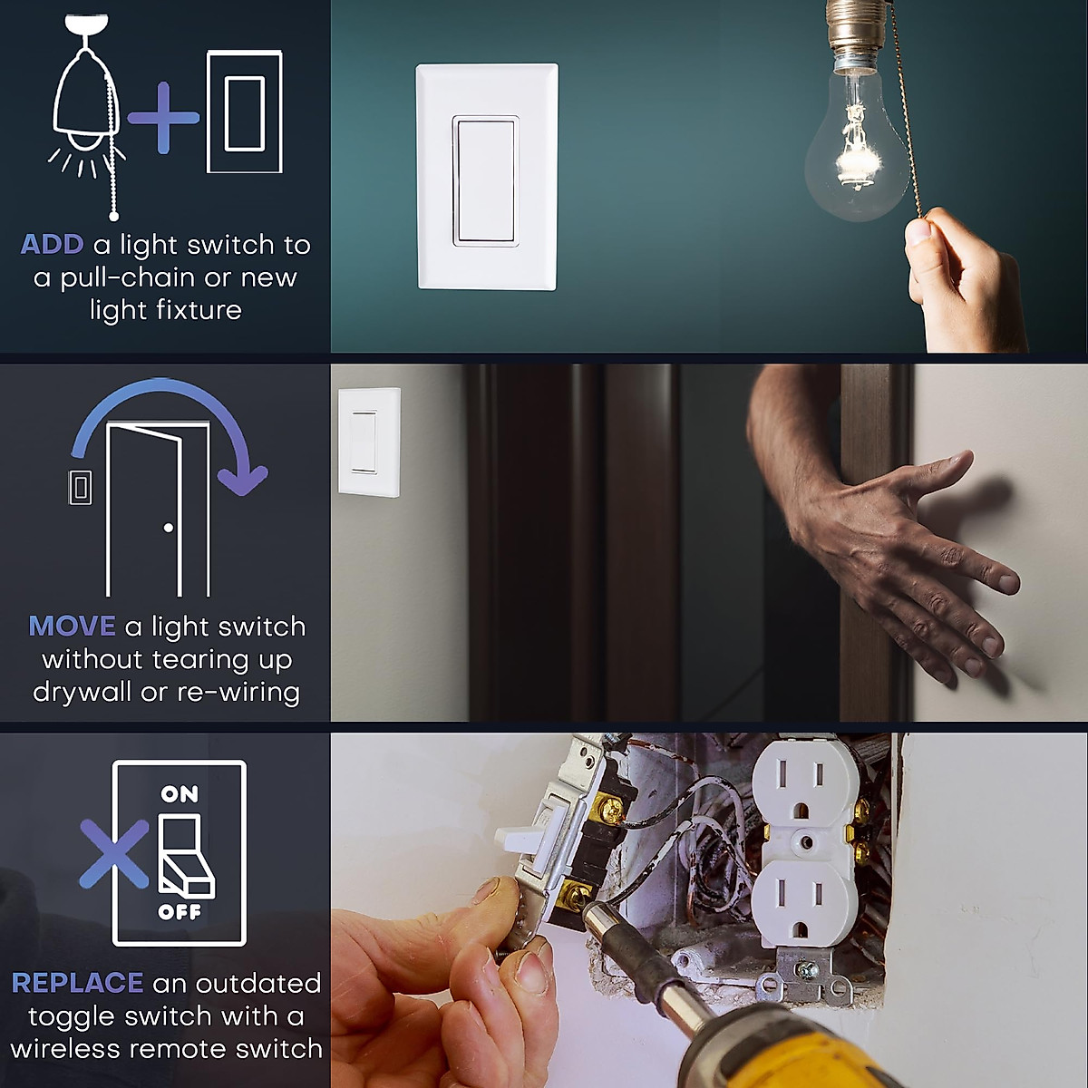 RunLessWire 3-Way Remote Light Switch Kit Wireless Battery-Free Self-Powered Kinetic DIY Wall Switch 150ft RF Range - 3 Way: 1 On/Off Receiver, 2 Switches - White
