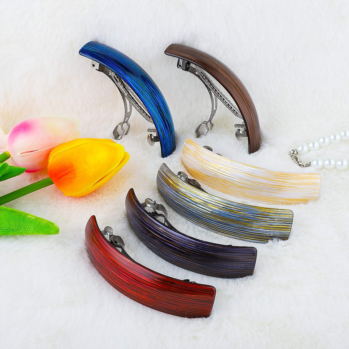Elcoho 6 Colors Retro Large Hair Barrettes Acrylic Automatic Barrettes Hair Pins for Women Ladies Daily Wearing