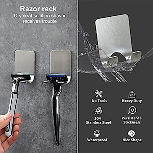 LinMei Razor Holder Shaver Hooks Multi Purpose Self Adhesive Storage Hanger Stand Stainless Steel Heavy Duty Shaver Holder Waterproof Shower Hook Kitchen Sticky Hooks(2 Pack)