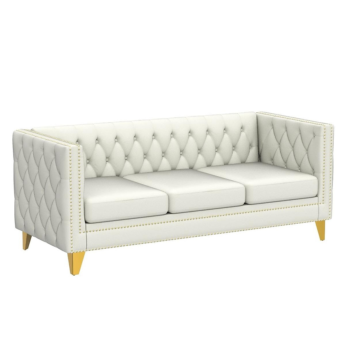 Antetek Comfy Upholstered Couches for Living Room, 80-inch Modern Button Tufted 3-Seater Sofa w/Square Arm, 4 Golden Metal Legs and Gold Nail Heads for Living Room, Office, Apartment, Beige