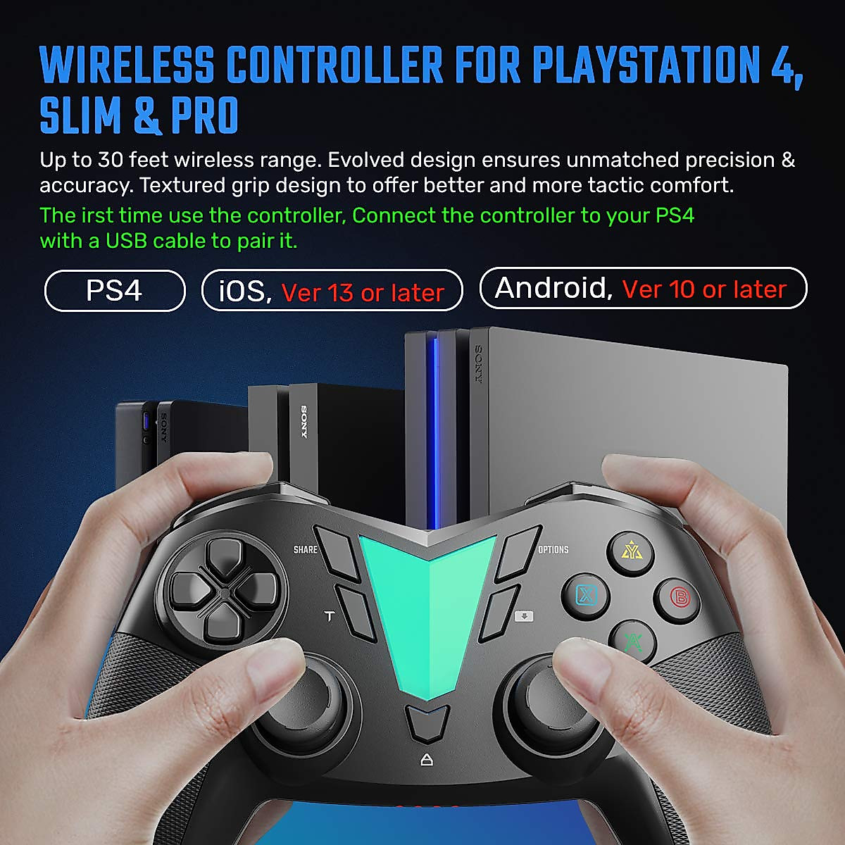 IFYOO Mobile Game Controller Compatible with iPhone iPad(Ver.13 or Later, Only for MFi Games) / Android Smart Phone(Just for Ver.10) / PS4, ONE Pro Wireless Gaming Gamepad Joystick - Black