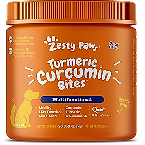 Zesty Paws Turmeric Curcumin for Dogs - for Hip & Joint Mobility Supports Canine Digestive Cardiovascular & Liver Health Coconut Oil for Skin Health with 95% Curcuminoids + BioPerine Duck, 90 Count