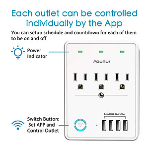 Smart Plug（2.4G Only）, USB Wall Charger, POWRUI WiFi Surge Protector with 4 USB Charging Ports(4.8A 24W Total) and 3 Smart Outlet Extender, Compatible with Alexa Google Assistant for Voice Control