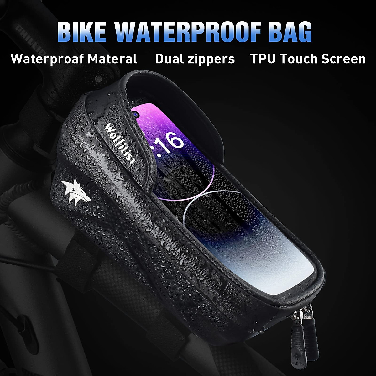 WOLFILIST Bike Bag - Waterproof Bike Frame Bag with Sun-Visor Rain Cover, Bike Phone Holder with TPU Sensitive Touch Screen, Handlebar Bag Bicycle Accessories