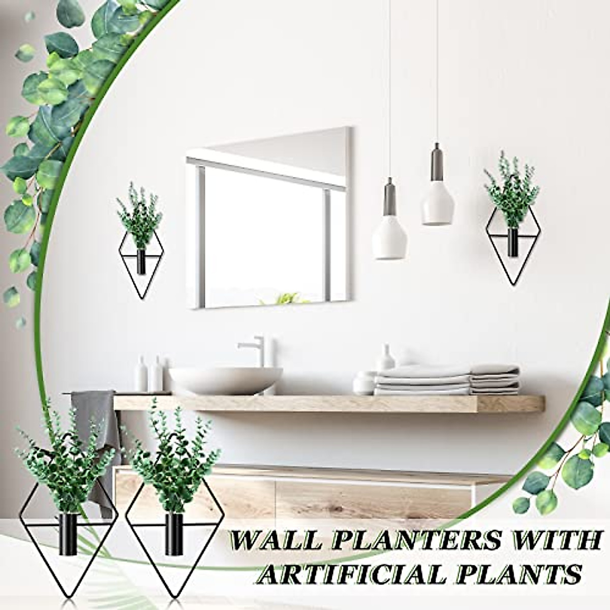 Jexine 2 Pcs Hanging Planters with Artificial Plants Metal Hanging Vase Indoor Plants Holder Modern Geometric Wall Decor for Living Room Home Office (Black, Eucalyptus)