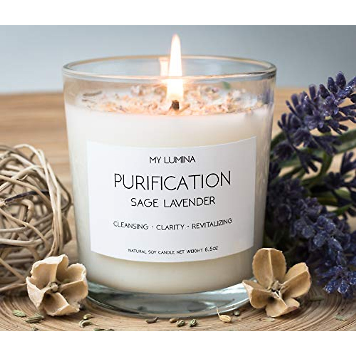 My Lumina Purification Sage Lavender Candle - Smudging Chakra Balancing Healing Candle Natural Soy Wax - White Sage Natural Scented Purifying Candle for Aromatherapy