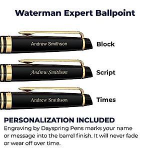 Dayspring Pens Personalized Waterman Pen | Engraved Waterman Expert Black with Gold Trim Ballpoint. Custom Engraved Gift Pen Personalized and Shipped