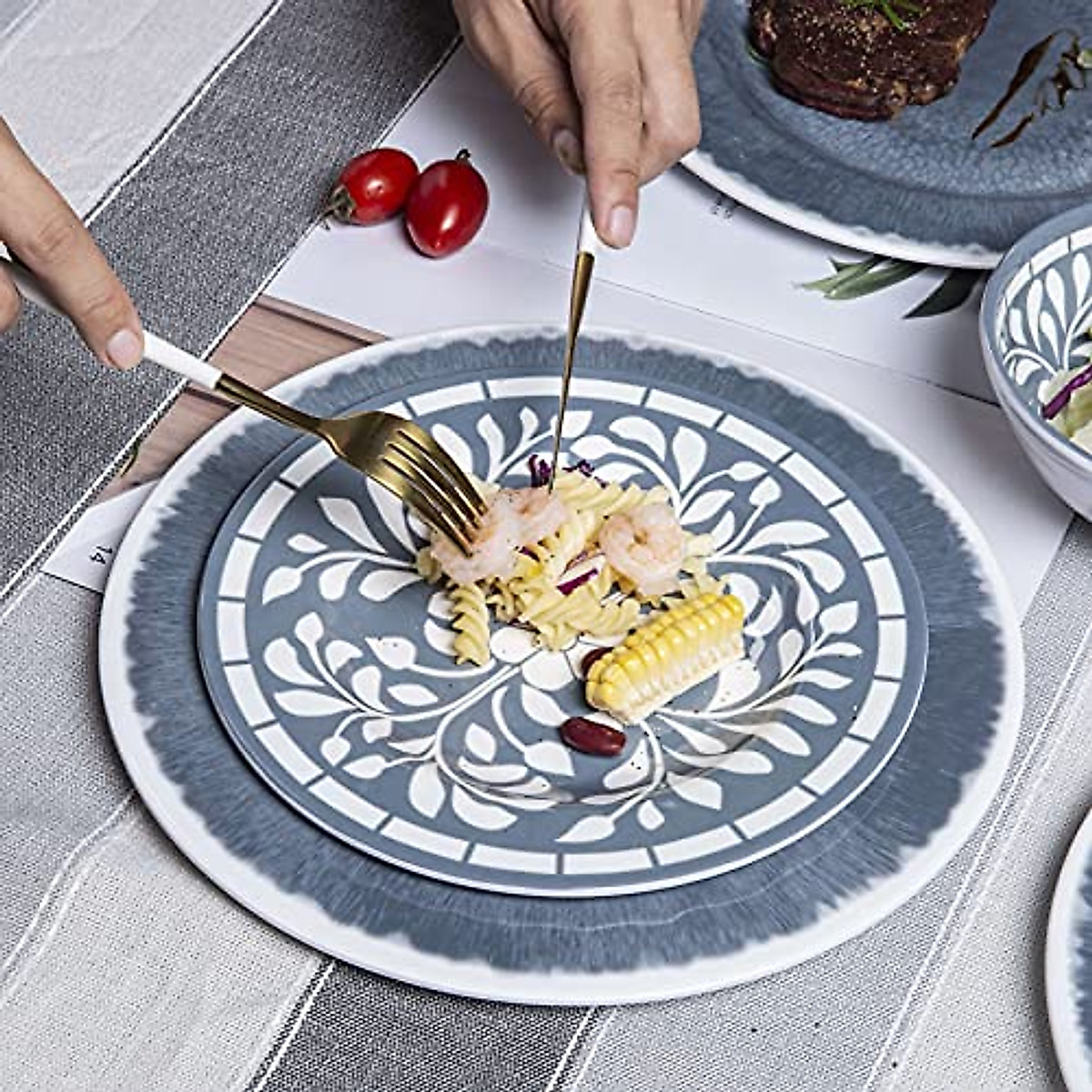 Yinshine Melamine Dinnerware Sets - Melamine Plates and Bowls Set for Daily use, Camping RVing Dishes Set, Grey