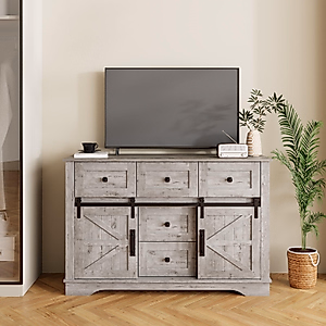 Vabches Farmhouse Sideboard Buffet Cabinet with Storage, Large Kitchen Sideboard Cabinet, Sliding Barn Doors and 5 Drawers, Adjustable Shelves, Coffee Bar Table for Dining Room, Light Rustic Oak