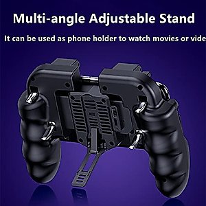 4 Trigger Mobile Game Controller with Cooling Fan Adjustable Stand for PUBG/Fotnite 6 Finger Operation GAMR or L1R1 L2R2 Gaming Grip for 4.7-6.5" iOS Android Phone