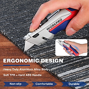 WORKPRO Retractable Utility Knife Set, 2-pack Quick-Change Box Cutter with Twine Cutter, Heavy Duty Aluminum Razor Knife with Comfortable Handle, 10 Extra Blades Included