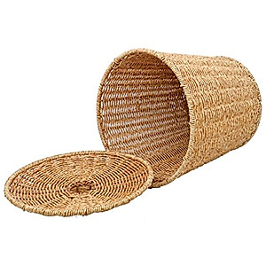 Zerodeko Small Trash Can, Imitation Rattan Woven Waste Bin with Lid, Waste Basket for Bedroom, Office, Kitchen, Boho Round Garbage Can Plastic Sundries Holder Laundry Basket for Bathroom