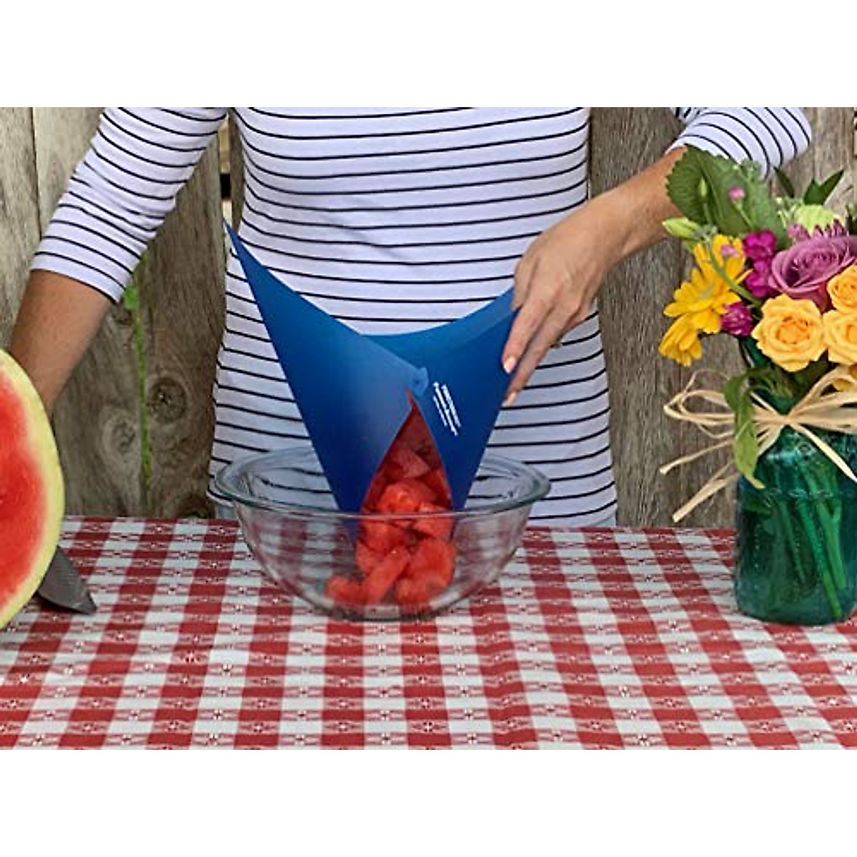 FUNCTIONAIRE Funnel-Board Kit – 4 Cutting Boards That Convert to a Funnel or Scoop. Includes EZ Mount Storage Holder That mounts Inside Cabinet Doors (no Screws Required). Watch Demo Video.