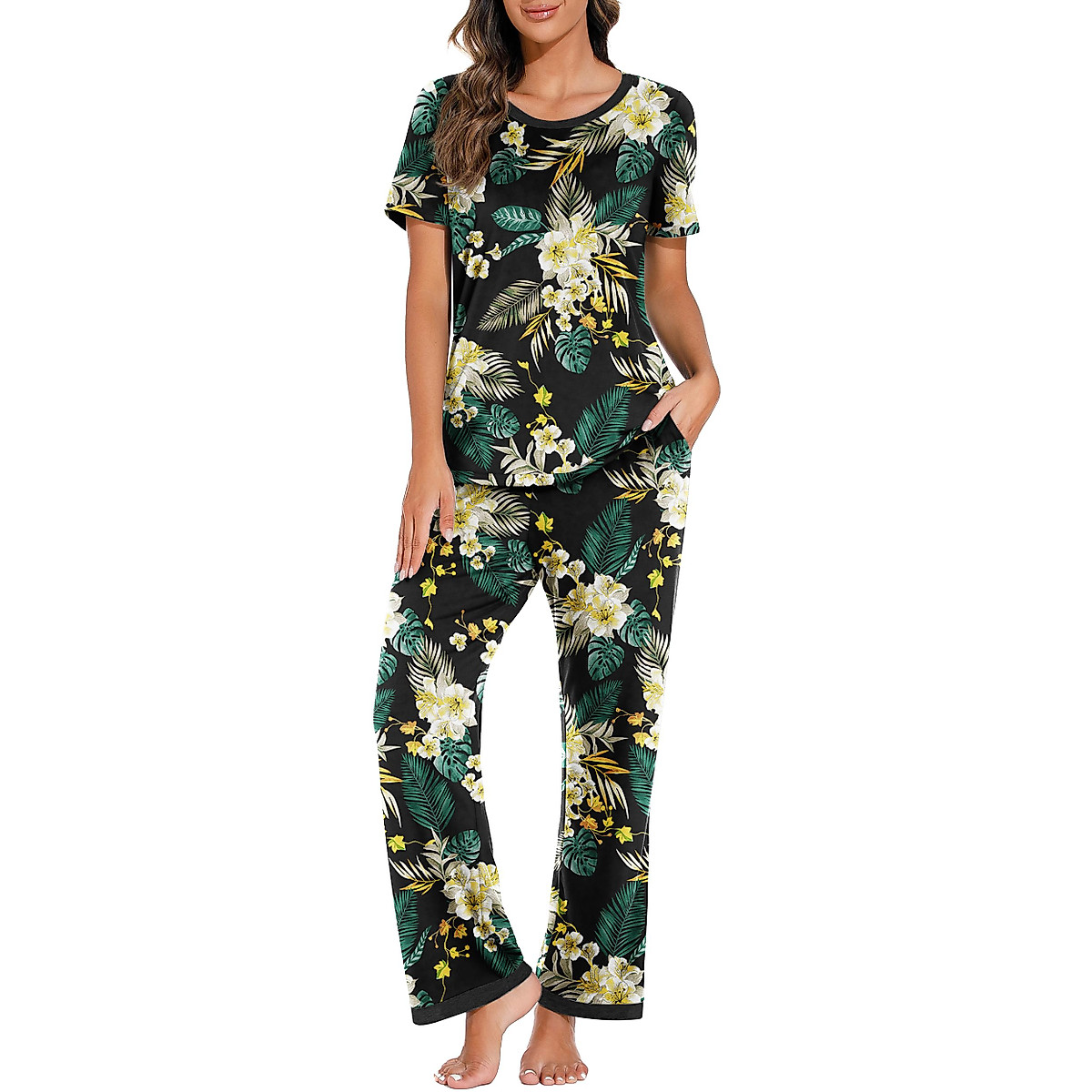 PrinStory Womens Pajama Sets 2025 Short Sleeve Pajama Sets for Women 2 Piece Lounge Set Ladies Soft Pjs FP-Green Leaf Lily-L
