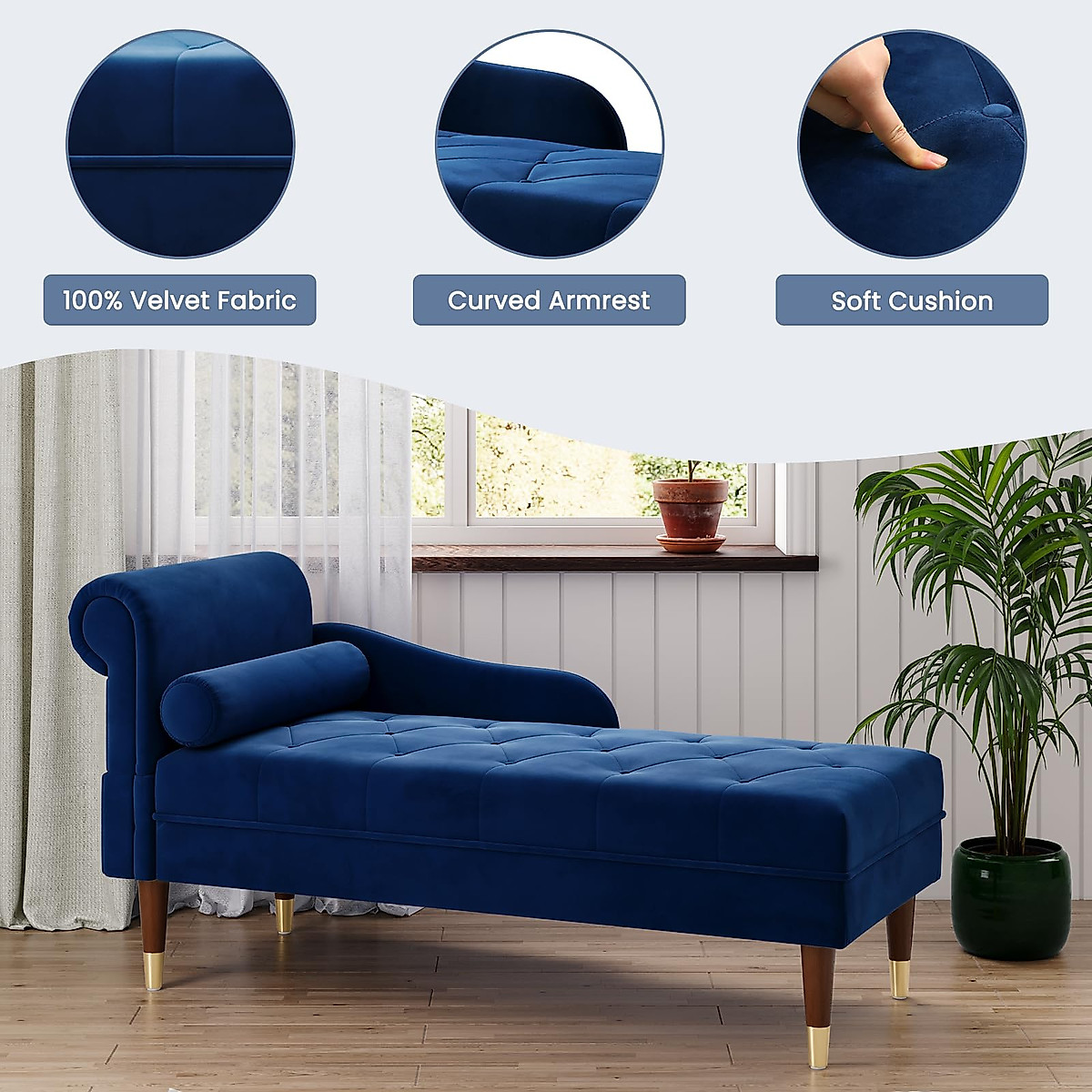 Vesgantti 59" Modern Velvet Chaise Lounge Indoor,Upholstered Lounge Chair with Left Armrest & Lumbar Pillow, Button Tufted Lounge Sofa for Living Room Bedroom Office,Tool-Free Assembly(Blue)
