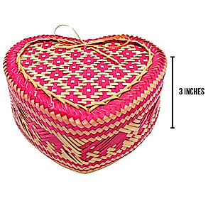 FOREVER 1 – Bamboo Sticky Rice Serving Basket 6.2 x 5.2 Inch, Kratip, Intricately Woven Container, Heart-Shaped, Elephant Weave Pattern, Bright Pink, Thailand Handmade, Dyed with Natural Based