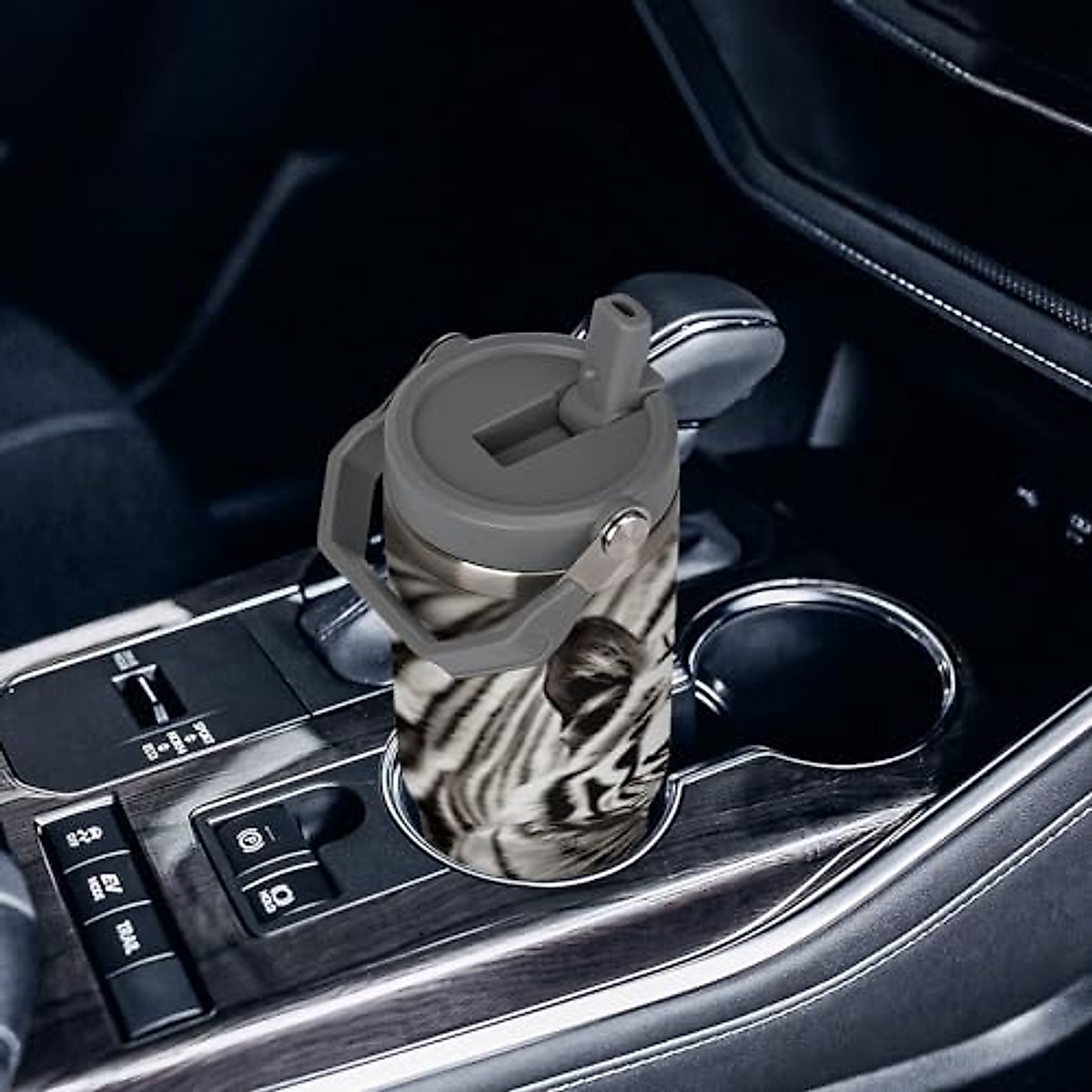 WITHSBKK 30oz Car Cup Black And White Tiger Printed with Portable, Stainless Steel Travel Mug, Vacuum Insulated Tumbler And Straw, Leakproof for Car & Outdoor, UV Printed Design